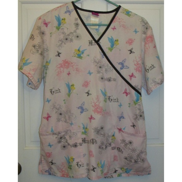 Tops | Disney Womens Pink Tinkerbell Faux Wrap Tie Back Medical Nursing ...